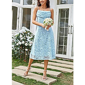 Women's Spaghetti Strap Cowl Neck Lace Dress Sleeveless Cocktail Wedding Guest Midi Dress M Blue