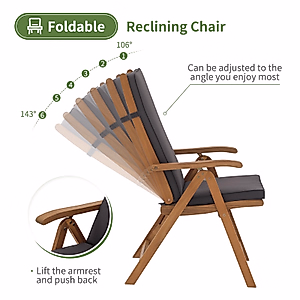 OC Orange-Casual Folding Patio Dining Chair Set of 2, Outdoor Acacia Wooden Reclining Chair w/Armrest & Removeable Cushion, FSC Certified Wood, for Porch, Backyard, Garden, Indoor, Dark Grey