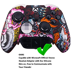 9CDeer 1 x Protective Customize Transfer Print Silicone Cover Skin Loong Red + 6 Thumb Grips Analog Caps for Xbox Elite Wireless Controller Compatible with Official Stereo Headset Adapter