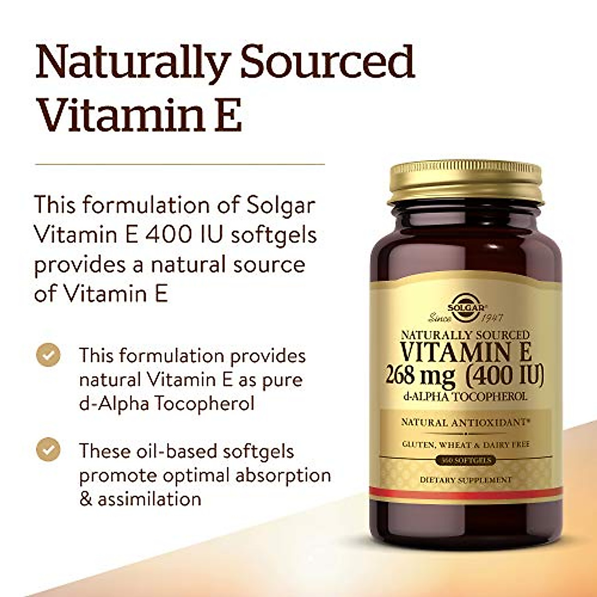 Solgar Vitamin E 268 mg (400 IU), 360 Alpha Softgels - Natural Antioxidant, Skin & Immune System Support - Naturally-Sourced Vitamin E - Gluten Free, Dairy Free - 360 Servings
