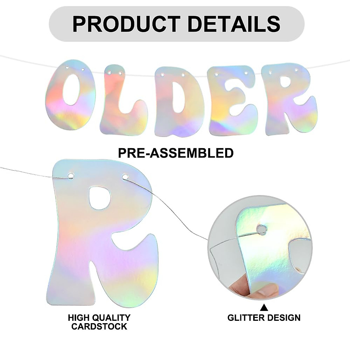 BEISHIDA Iridescent Glitter Older Wiser Hotter Banner -NO DIY - Pre-Strung Birthday Banner Decoration for 40th 50th 60th 70th 80th Women Funny Cute Birthday