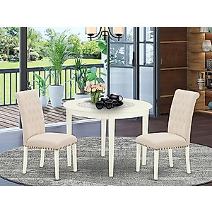 East West Furniture BOBR3-WHI-02 3 Piece Modern Dining Table Set Contains a Round Kitchen Table and 2 Light Beige Linen Fabric Parson Dining Room Chairs, 42x42 Inch, Linen White