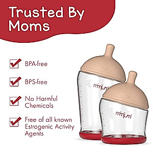 mimijumi Growing Up Baby Bottle Set (4 pcs.) Transition Pack - Lighter Slow Flow to Fast Flow Nipples, 4 oz to 8 oz Anti-Colic Bottles for Breastfed Babies - Newborn to 18 Months