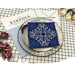 Meiosuns Cocktail Napkins Disposable Paper Tea Party Napkins with Floral Pattern, Elegant Parties Supplies, Ideal for Wedding Bridal Shower, Folded 6.5 x 6.5 Inches (Navy Blue and Flowers,40 Count)