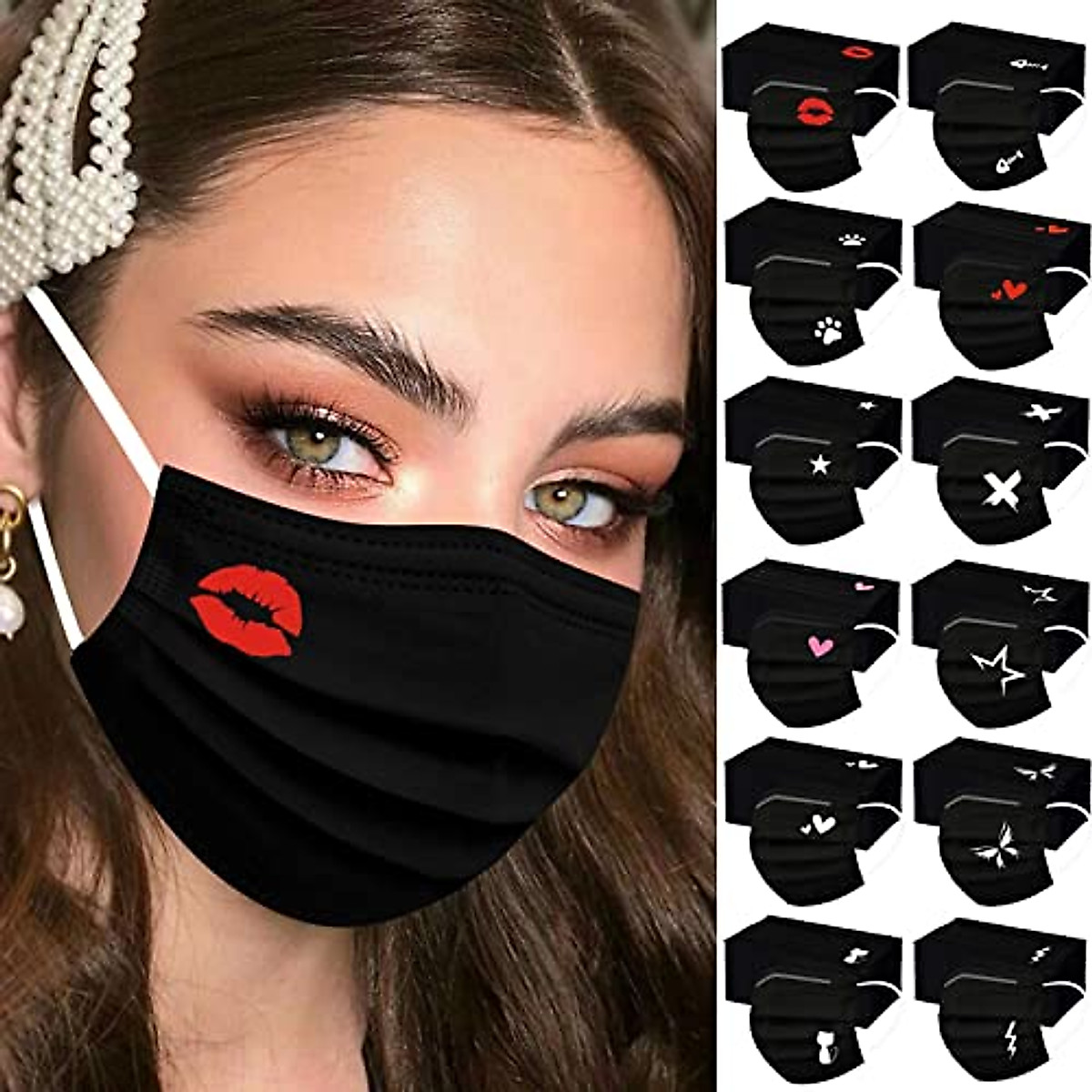 Mikilon, 50 Pcs Adults Black Disposable Face Masks for Women Men with Designs Printed Breathable Full Face Cover Protection 3 Ply (Red Heart), One Size