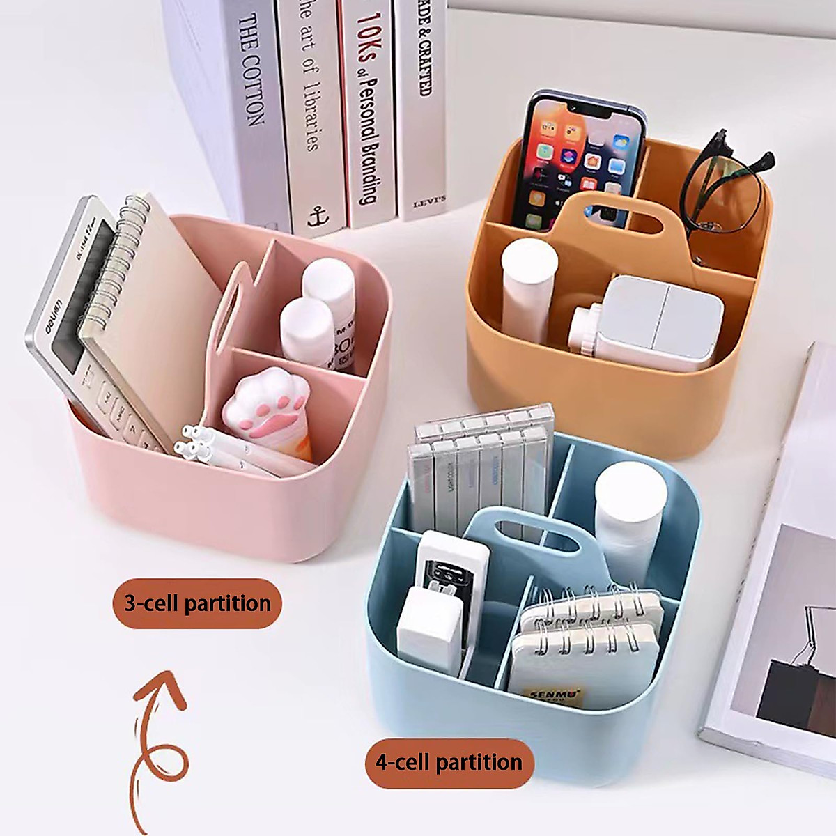 JIYIEW Multipurpose Caddy Organizer Stackable Plastic Caddy with Handle Cleaning Caddy Craft Tote Desk Makeup Caddy Art Separable Organizers and Storage Box(4 Grids, Pink)