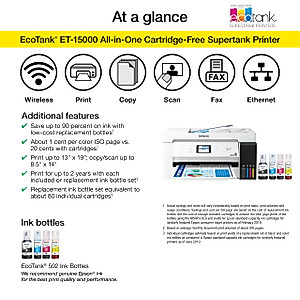 Epson EcoTank ET-15000 Wireless Color All-in-One Supertank Printer with Scanner, Copier, Fax, Ethernet and Printing up to 13 x 19 Inches