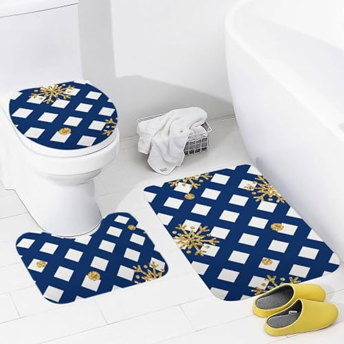 Isicerss Bathroom Mat Set Non-Diamond Chequered Golden Snow Slip Bath Rug U-Shaped Contour Toilet Mat and Toilet Lid Cover Bath Mat,3 Piece