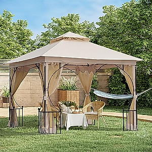 Outsunny 10' x 10' Patio Gazebo, Double Roof Outdoor Gazebo Canopy Shelter with Netting, Steel Corner Frame for Garden, Lawn, Backyard and Deck, Beige