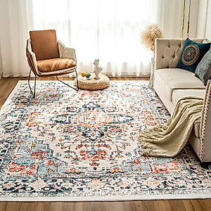 VK VK·LIVING Machine Washable Rug 8'x10' Vintage Design Washable Area Rugs with Non Slip Rugs for Living Room Bedroom Traditional Woven Rug Carpet Stain Resistant,Rug Decor Office Boho Rug,Blue&Orange