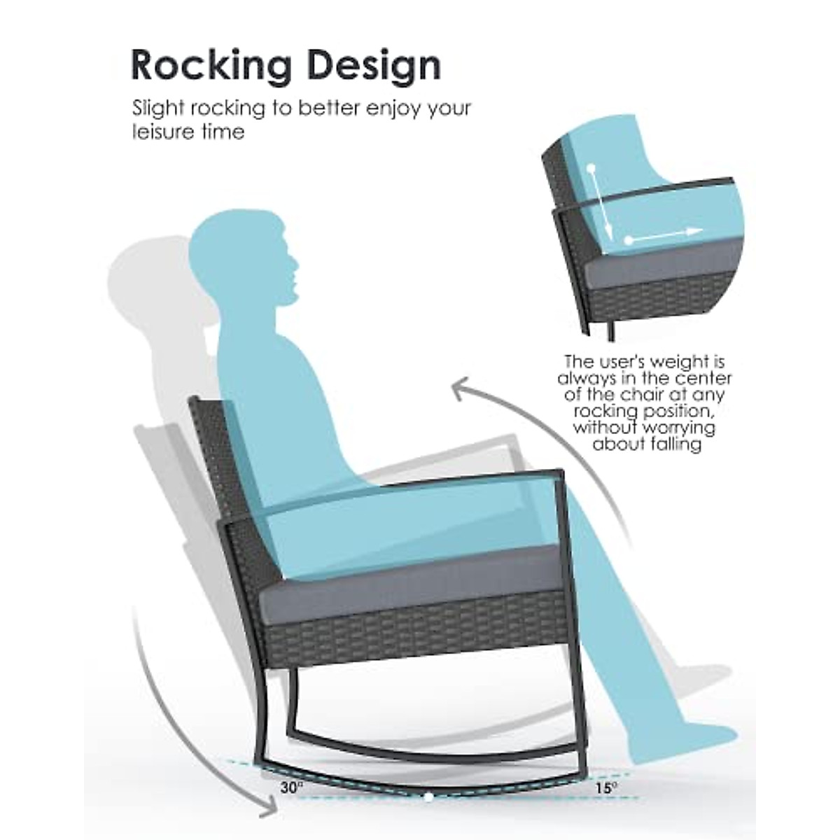 3 Pieces Wicker Patio Furniture Set, Modern Rocking Conversation Set with Coffee Table, Outdoor Rattan Patio Chairs Bistro Set for Balcony Porch Garden Yard Poolside, Grey