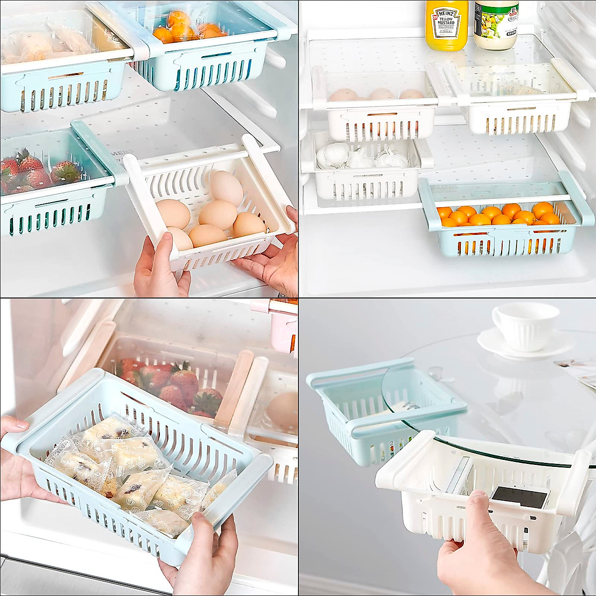 JANKOW Refrigerator Drawer Organizer 2 Packs Retractable Drawer Refrigerator Storage Box, Unique Design Pull Out Storage Box, Sliding Shelves Refrigerator Hanging Organizer
