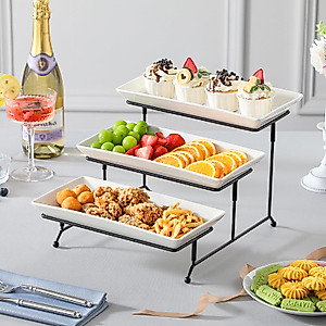 MALACASA 3 Tier Serving Trays for Party, Porcelain Serving Platters and Trays, 12 Inch Tiered Tray Stand, Fruit Tray, Trays for Serving Food, White Dessert Stand with Collapsible Sturdier Metal Rack
