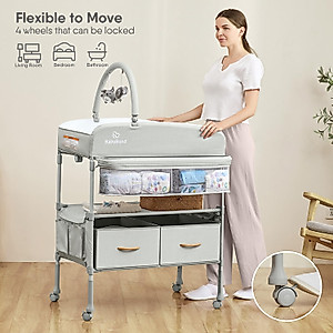 Portable Baby Changing Table with 2 Storage Baskets, BabyBond Foldable Changing Table Dresser Waterproof Diaper Changing Table Height Adjustable Changing Station for Infant and Newborn(Beige)