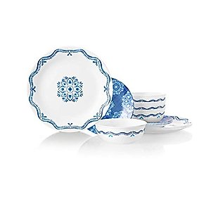 Corelle Vitrelle 18-Piece Service for 6 Dinnerware Set, Triple Layer Glass and Chip Resistant, Lightweight Round Plates and Bowls Set, Lisbon Terrace