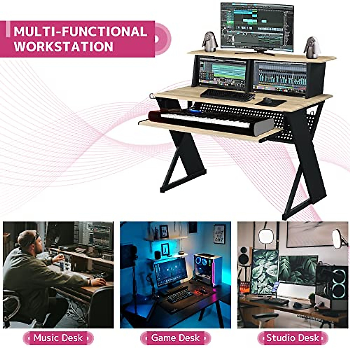 Acme Furniture Rectangular Music Desk Table with Earphone Rack, Natural and Black