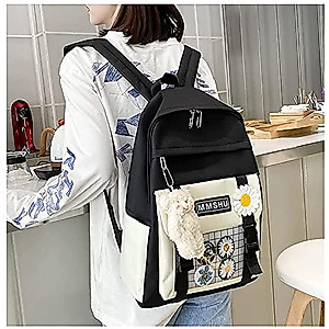 Kawaii School Backpack Sets Canvas Bookbag with Teddy Bear Pendant Pencil Pouch Shoulder Tote Lunch Bag Laptop Schoolbag Daypack Kit Back to School Supplies for Students Girls Boys (Black)