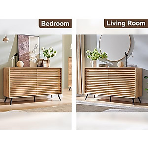 RedLemon 6 Drawers Dresser for Bedroom, 54'' Wide Mid Century Modern Wood Fluted Double Dresser, Chest of Drawers with Tapered Leg for Bedroom, Living Room, Hallway, Closet (Natural Oak