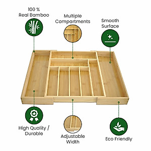 YKL Bamboo Expandable Drawer Organizer, Utensil Holder, Adjustable Cutlery Tray, Wood Drawer Dividers Organizer for Silverware, Flatware, Knives in Kitchen, Office Supplies, Bedroom, Living Room