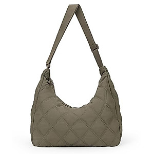 Women Hobo Shoulder Bag Puffer Small Tote Crossbody Bag Purse Cotton Handmade Bags Handbag with Zipper School Work Travel Olive Green