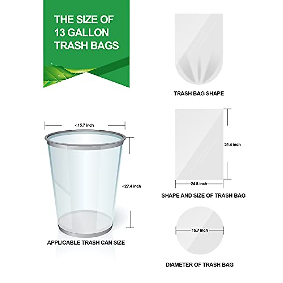 FORID Clear Medium Trash Bags - 13 Gallon Plastic Garbage Bags Tall Strong Can Liners 55 Liter Wastebasket Liners 50 Counts in 3 Rolls for Kitchen Home Office Camping