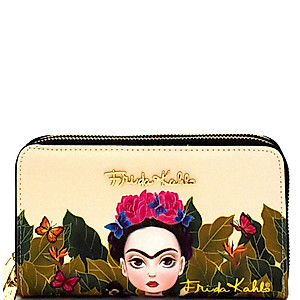 Authentic Licensed Frida Kahlo Picture PU Leather Double Zipper Wristlet Wallet (Baby Frida Cartoon Theme - Beige/Black)