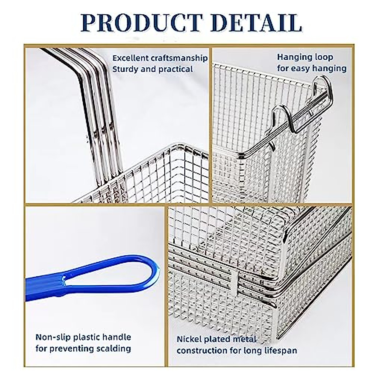 Wimarn Deep Fryer Basket, 4Pcs Commercial Non-Slip Handle Heavy Duty Nickel Plated Iron Construction Chip Basket,13" x 6" x 6", Restaurant Kitchen Frying Chips Fish Sausages