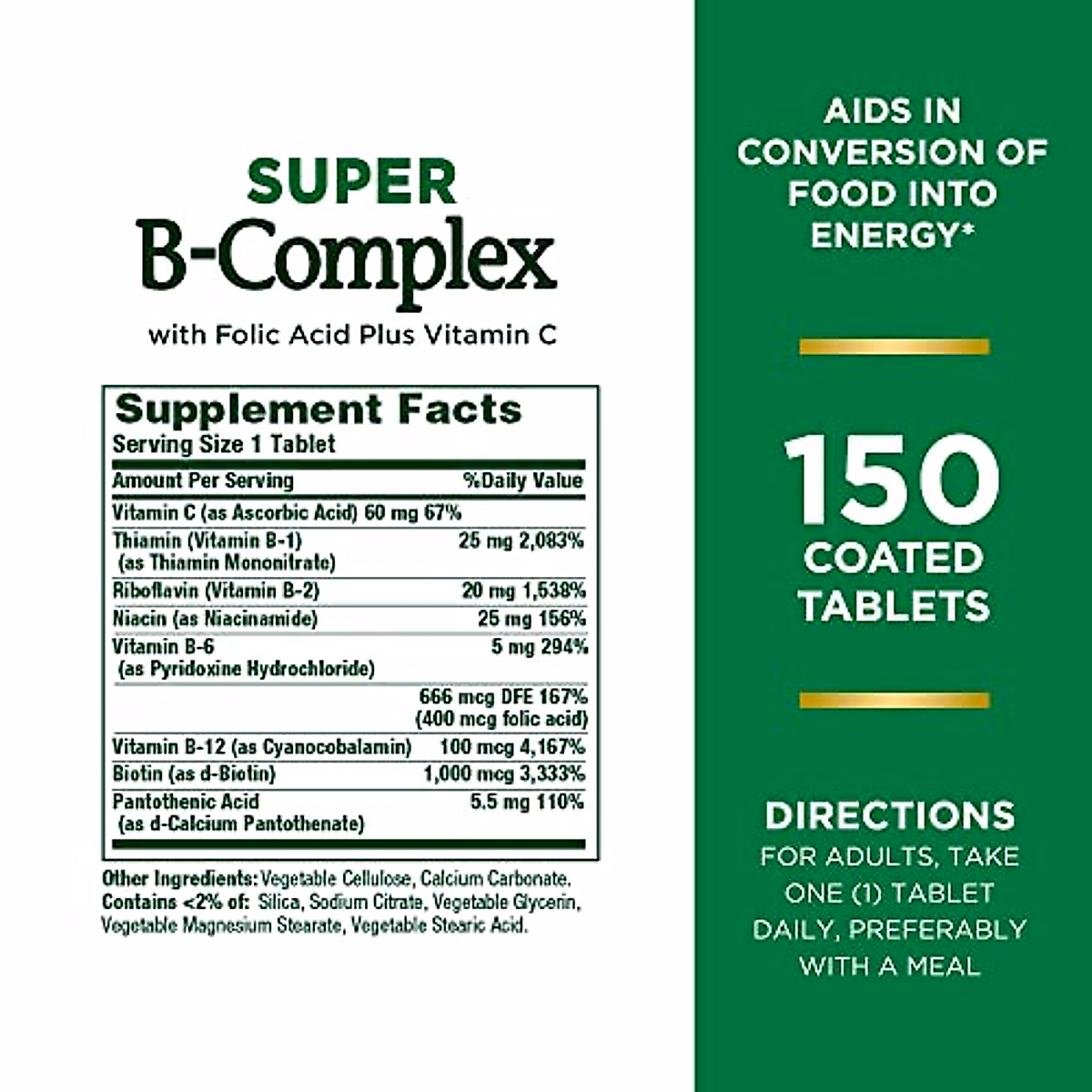 Nature’s Bounty Super B Complex with Vitamin C & Folic Acid, Immune & Energy Support, 150 tablets