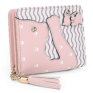 UTO Wallet for Girls Cute Cat Leather Vegan Small Women Card Holder Kawaii Coin Purse with Tassel