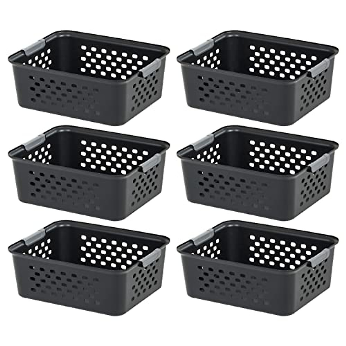 IRIS USA Plastic Storage Basket, 6-Pack, Medium, Shelf Basket Organizer for Pantries, Kitchens, Cabinets, Bedrooms, Black