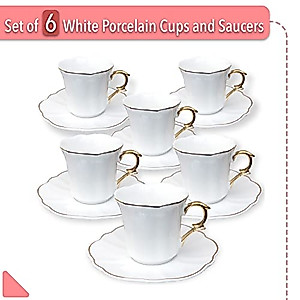 BTaT- Small Espresso Cups and Saucers, Set of 6 Demitasse Cups (2.4 oz) with Gold Trim and Gift Box, Small Coffee Cup, White Espresso Cup, Turkish Coffee Cup, Porcelain Espresso Cup