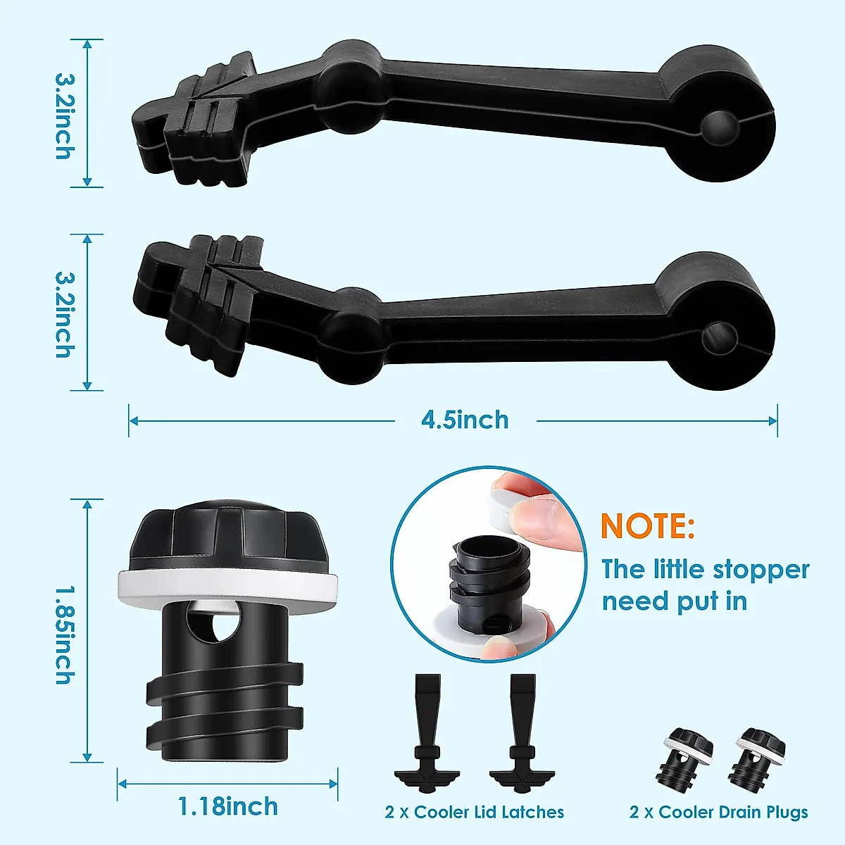 Feekoon Cooler Lid Latches and Cooler Drain Plug Replacement Parts Set Compatible with RTIC Hard Coolers, (2 Pcs Cooler Lid Latches, 2 Pcs Cooler Drain Plugs)