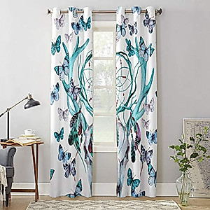 Big buy store Blackout Curtains Panels Butterfly Deer Skeleton Thermal Insulated Grommet Window Curtains Blue Room Darkening Curtain Drapes for Bedroom & Living Room 52inches W x 84inches L