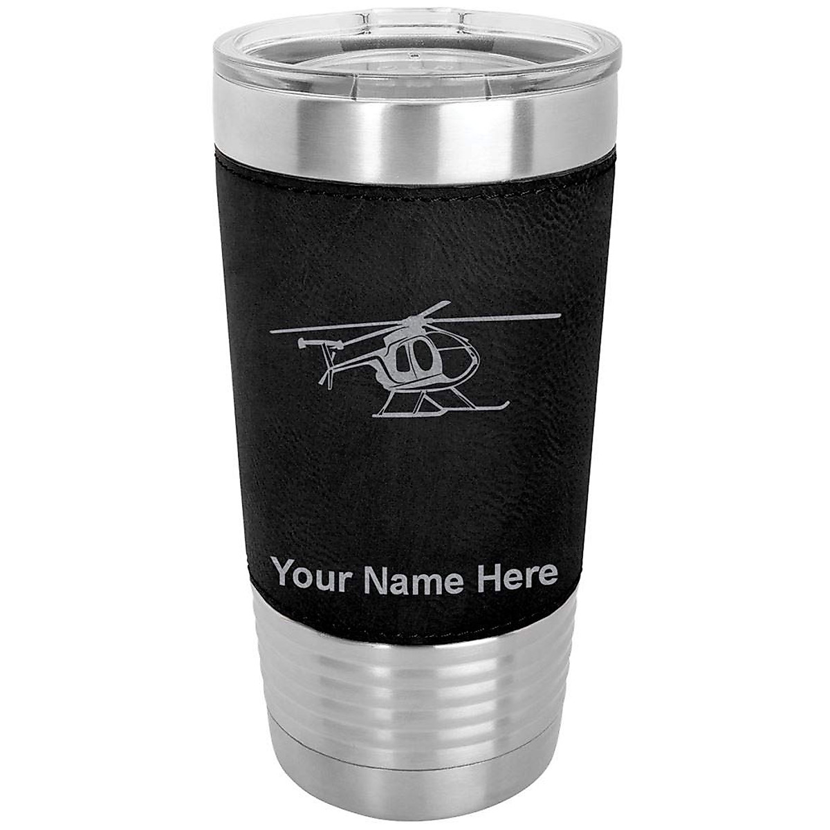 LaserGram 20oz Vacuum Insulated Tumbler Mug, Helicopter 1, Personalized Engraving Included (Faux Leather, Black)