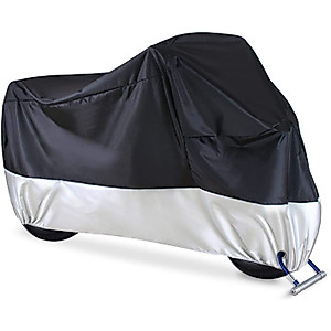 Motorcycle Cover, Ohuhu All Season Waterproof Snowproof Motorbike Covers with Lock Holes, Fits up to 108" Motors Bikes Scooters for Honda, Yamaha, Suzuki, Harley, Kawasaki(XX Large), Black-Silver