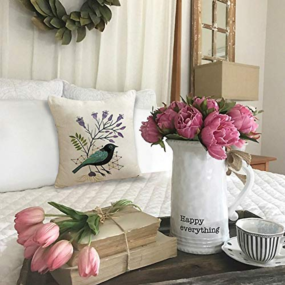 CARRIE HOME Spring Outdoor Pillow Covers 18x18 Set of 4 Farmhouse Decorative Spring Bird and Flower Throw Pillow Covers for Patio Furniture and Couch