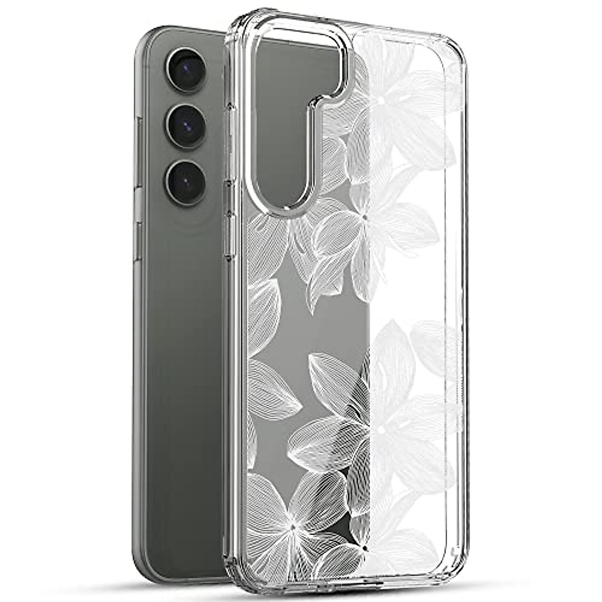 RANZ Galaxy S23 Plus Case, Anti-Scratch Shockproof Clear PC+ TPU Bumper with White Flower Design