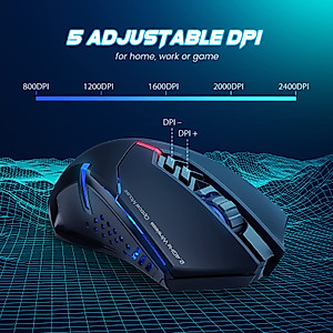 T-DAGGER Wireless Gaming Mouse- USB Cordless PC Accessories Computer Mice with LED Backlit, Ergonomic Gamer Laptop Mouse with 7 Silent Buttons, 5 Adjustable DPI Plug & Play for PC