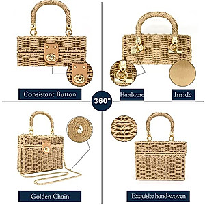 Handwoven Rattan Bag for women-Wicker Woven Square Crossbody vintage Chic Casual Beach Boho Tote Bag Straw Bag（no pendant）
