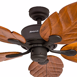 Honeywell Ceiling Fans Royal Palm, 52 Inch Tropical LED Ceiling Fan with Light, Pull Chain, Three Mounting Options, Hand Carved Solid Wood Blades - 50204-01 (Bronze)