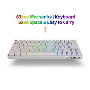 Ractous RTK63P 60% Mechanical Gaming Keyboard RGB Backlit PBT keycaps 63key Ultra-Compact Wired Keyboard Programmable for PC/Mac Gamers,Hot-Swappable Optical Red Switch (White)