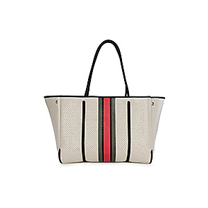 Haute Shore - Greyson Roma Neoprene Tote Bag w/Zipper Wristlet Inside, Beige W/Olive, Black, & Red Stripe