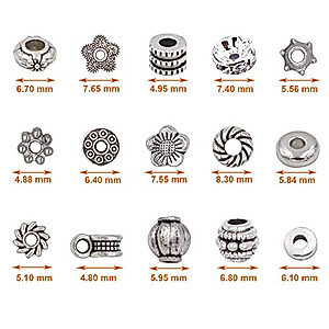 EuTengHao 605pcs Silver Spacer Beads 15 Style Jewelry Bead Charm Spacers Alloy Spacer Beads Kit for Jewelry Making DIY Bracelets Necklace Crafting Tools Kit with 2 Crystal Cable 2 Needles 1 Scissor
