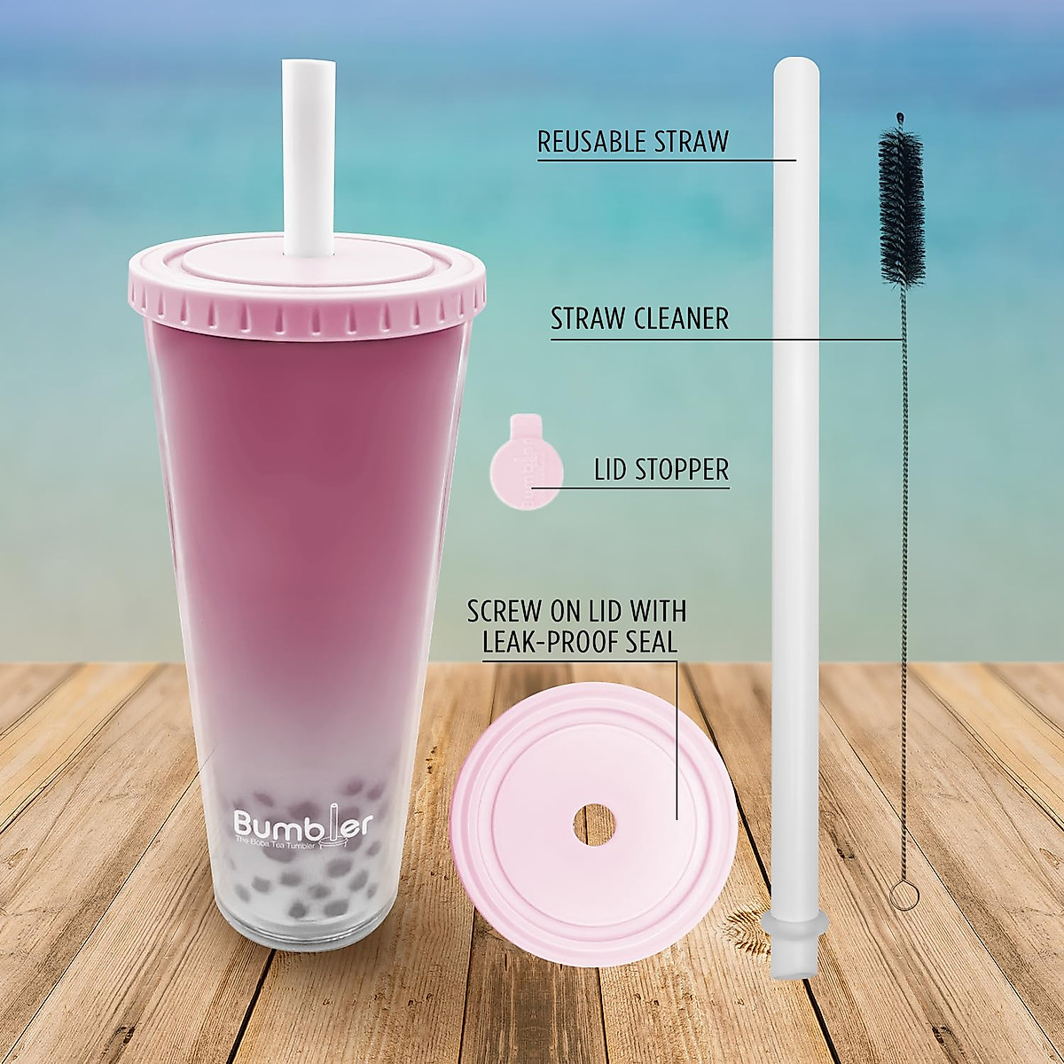 No Leak Reusable Boba Tea Cup | Tumbler in cute and unique Colors | 24 oz Large Double Wall Insulated | Wide Straw with lid and straw cleaner | Perfect for bubble milk tea or Smoothies - Blush Pink