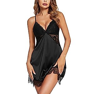 Avidlove Satin Nightgown for Women Silk Sleepwear Black Lingerie Night Gowns Women Large Plus Size (Black, XL)
