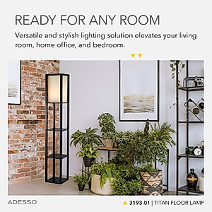 Adesso 3193-01 Titan Tall Shelf Floor Lamp, 72 in, 150W Incandescent/equiv. CFL, Black PVC Veneer on MDF, 1 Floor Lamp