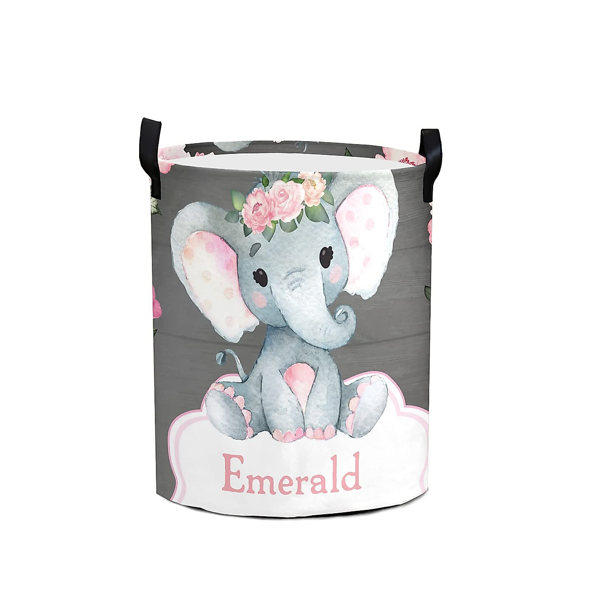 Custom Watercolor Pink Flower Elephant Storage Basket with Handles Personalized Name Waterproof Collapsible Laundry Baskets for Clothes