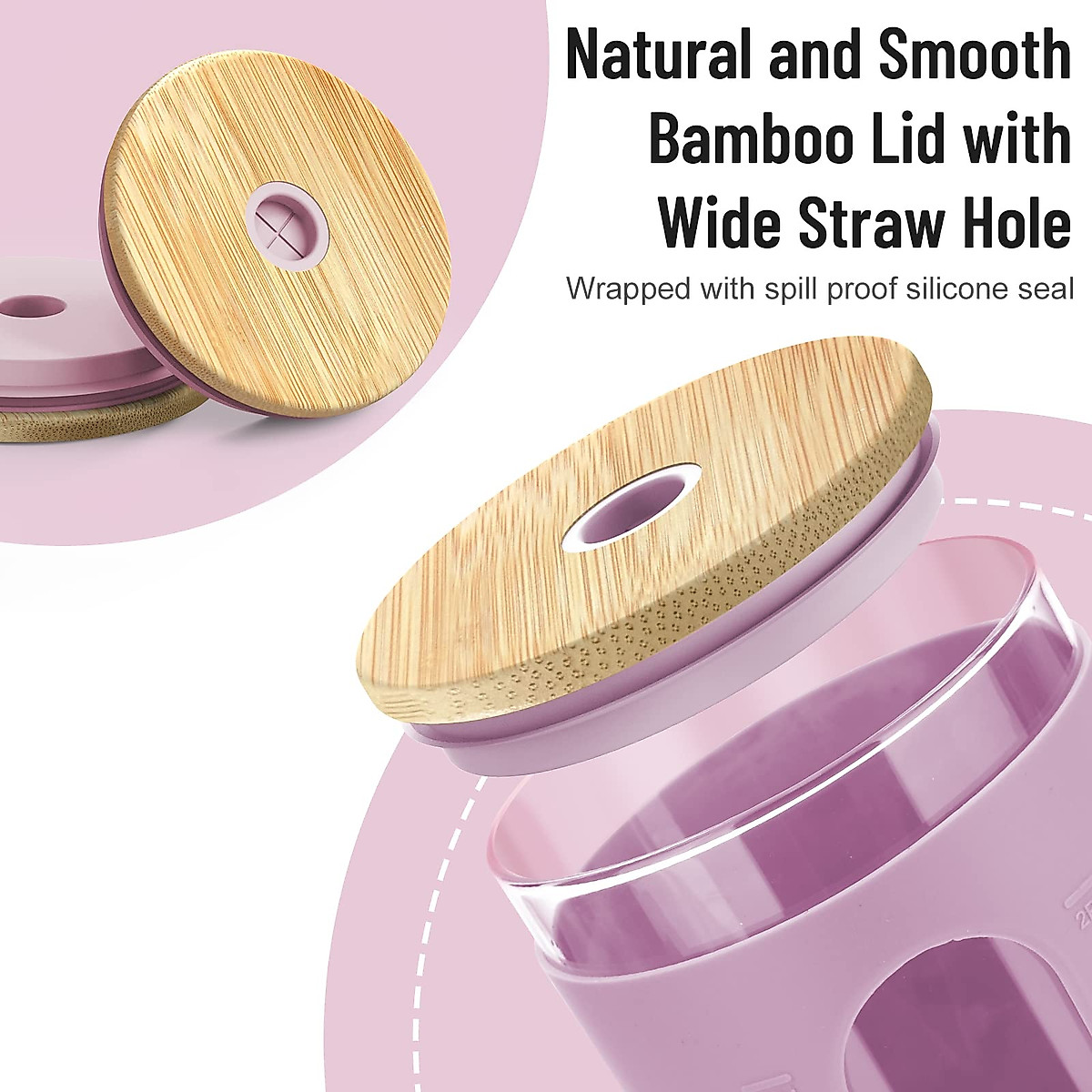 Zukro 40 oz Glass Tumbler with Bamboo Lid and Straw, Glass Water Drinking Cup With Handle, Boba Straw, Time Marker, Large Glass Iced Coffee Cup with Silicone Sleeve, BPA Free, Lilac