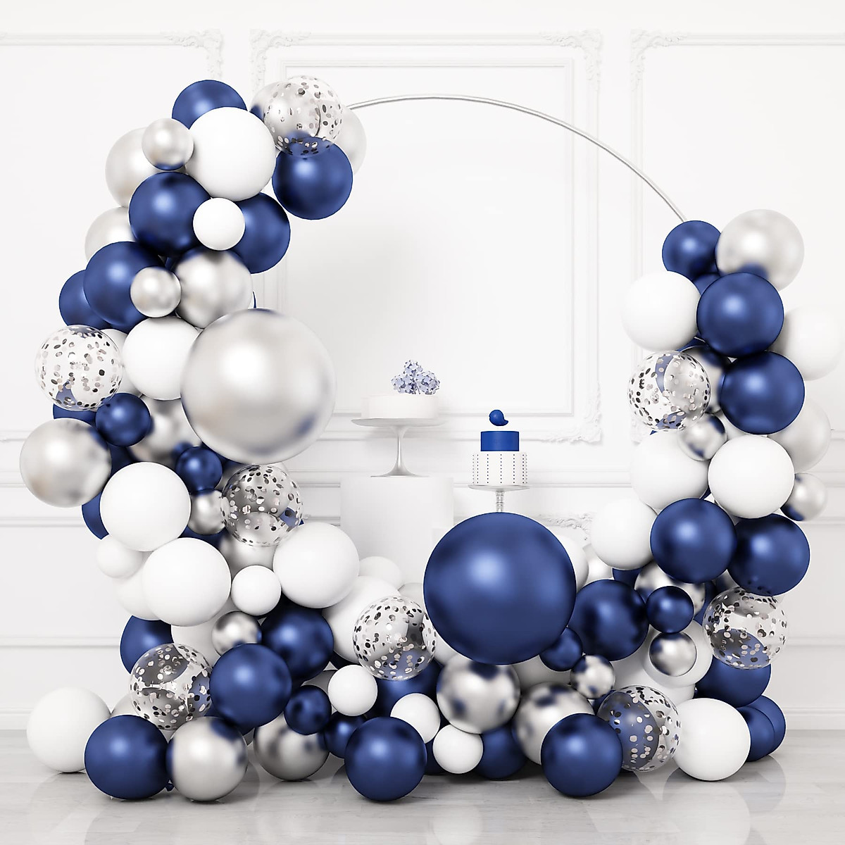 RUBFAC Navy Blue Silver Balloon Garland Kit, Blue Silver White Confetti Balloons for Graduation Birthday Party Baby Shower