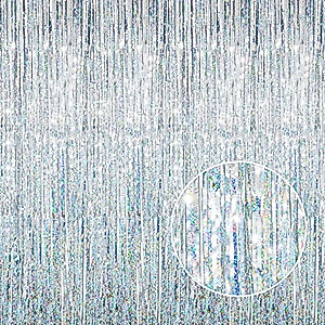 GOER 3.2 ft x 9.8 ft Metallic Tinsel Foil Fringe Curtains Party Photo Backdrop Party Streamers for Birthday,Graduation,New Year Eve Decorations Wedding Decor (1 Pack, Shiny Silver)
